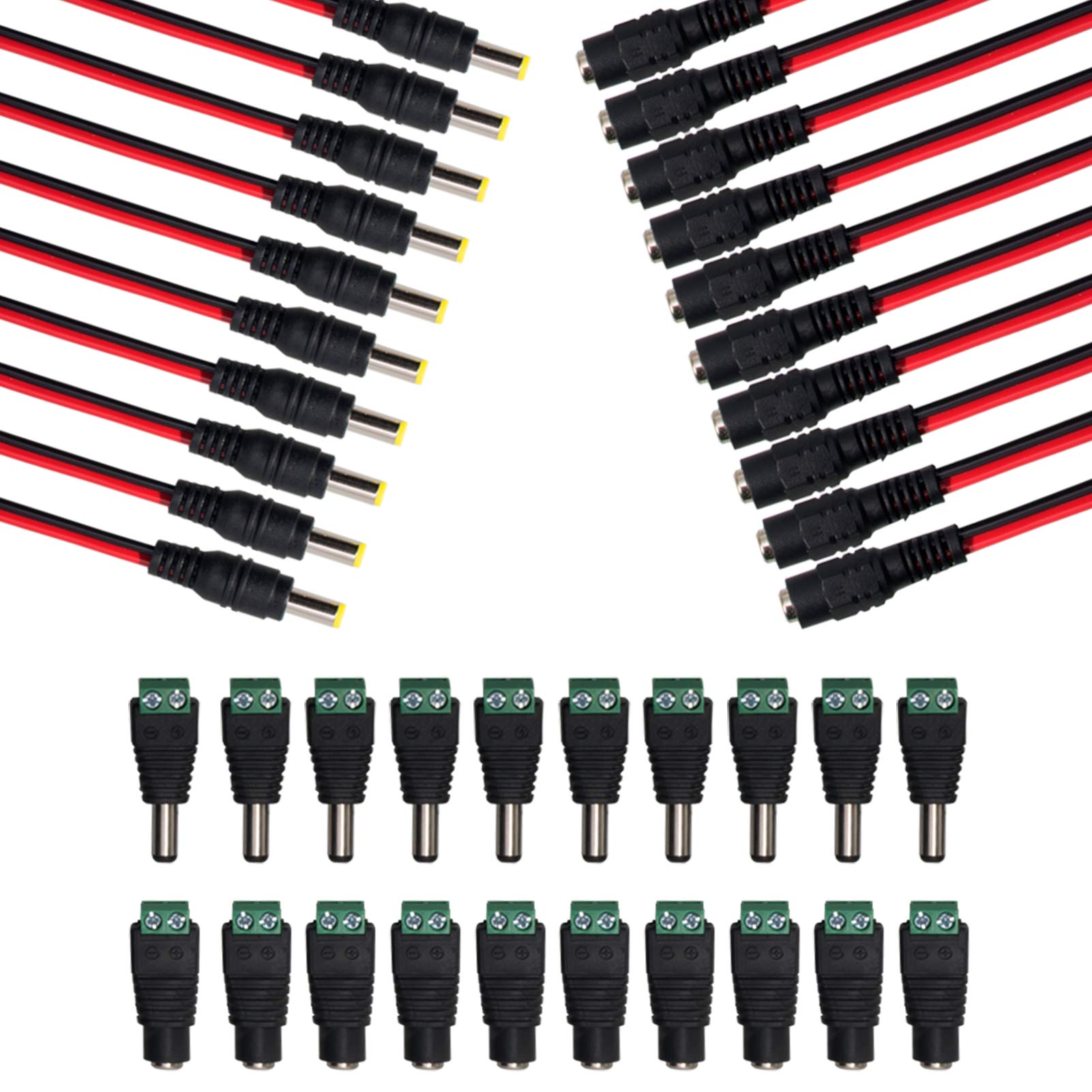 (Real 18AWG 43x2pcs Strands) 10 Pairs DC Power Pigtail Cable 12V 5A Male & Female + 10 Pairs DC Power Jack Plug Adapter barrel Connector for CCTV Home Security Surveillance by MILAPEAK (2.1mm x 5.5mm)