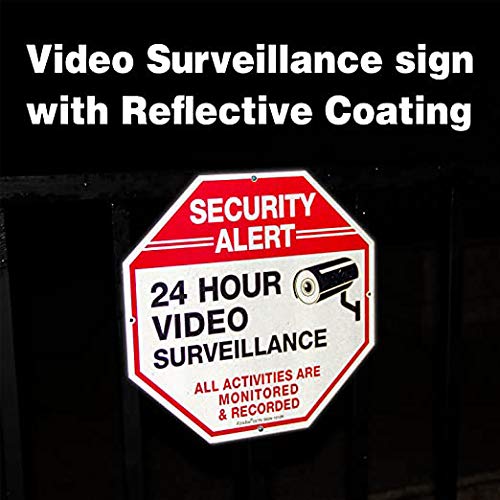 (4 Pack) "Security Alert, 24 Hour Video Surveillance, All Activities Monitored" Signs,10x10 Inches .040 Aluminum Reflective Warning Sign for Home Business CCTV Security Camera, Indoor or Outdoor Use
