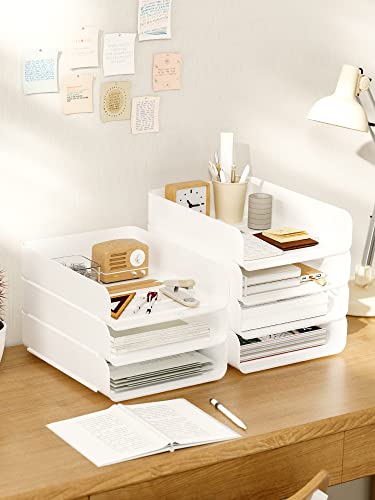 (4pcs Pack) HKeeper Stackable Paper Trays,Letter Tray Organizer,Office Desktop Organizer,A4 Paper Holder,Supplies Magazine,File Documents,Receipts（White）