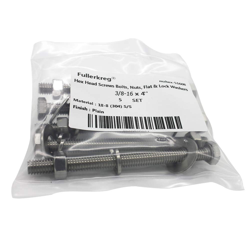 (4 Sets) 3/8-16x4 Stainless Steel Hex Head Screws Bolts, Nuts, Flat & Lock Washers, 18-8 (304) S/S, Fully Threaded by Bolt Fullerkreg