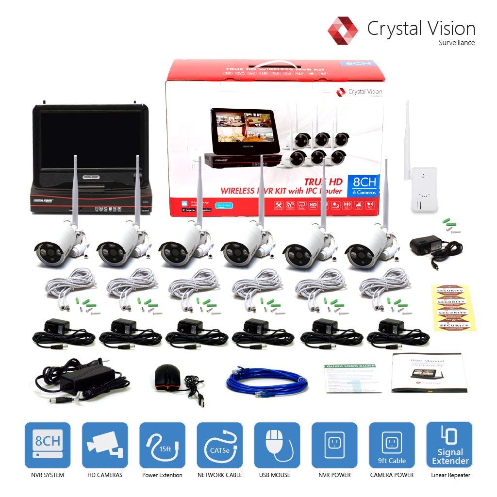 (2022 Upgraded Ver.) [8CH] Crystal Vision CVT9608E-3010W All-in-One True HD Wireless Surveillance System NVR CCTV w/ 2TB HDD, Built-in Monitor & Router, Camera Auto Pair
