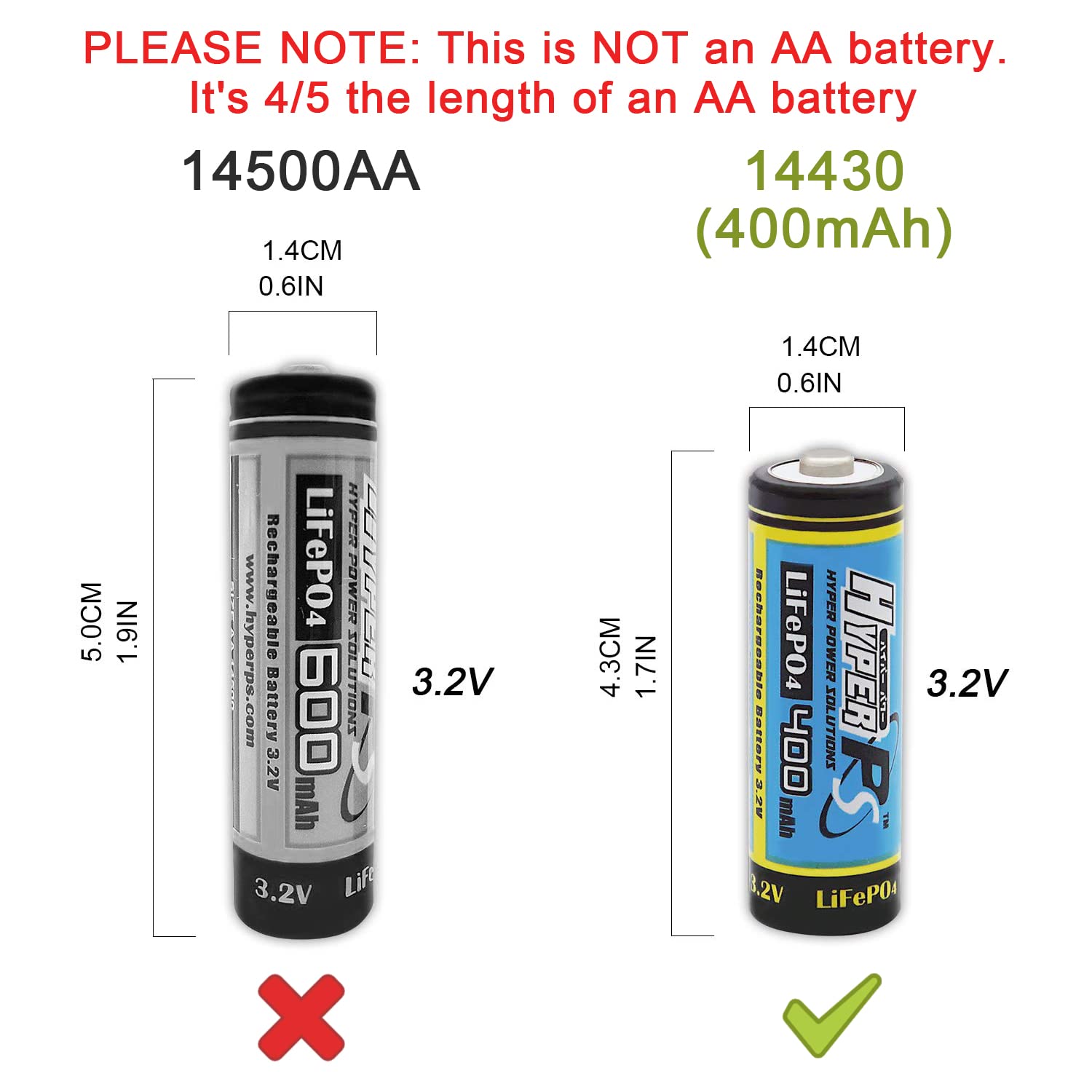 (20-Pack) HyperPS 3.2V LiFePo4 14430 (14 x 43mm) 400mAh Rechargeable Battery for Solar Panel Light, Tooth Brush, Shaver, Flashlight