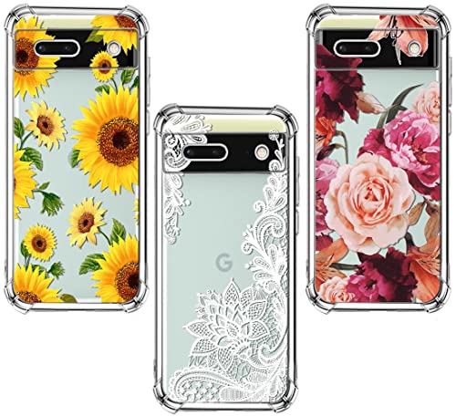(3-Pack) for Google Pixel 6a Case, Soft Clear TPU [Scratch-Resistant] Drop Silicone Bumper Protection Shockproof Phone Case Cover for Google Pixel 6a,Flower