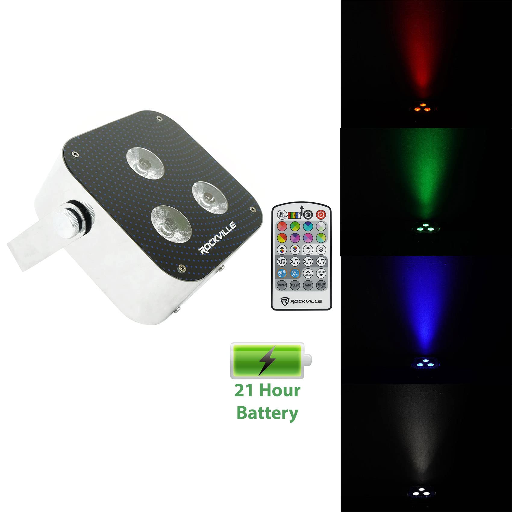 (2) Rockville MINI RF3 RGBWA+UV DMX DJ/Party LED Wash Lights+4-Ch. RF Par Remote