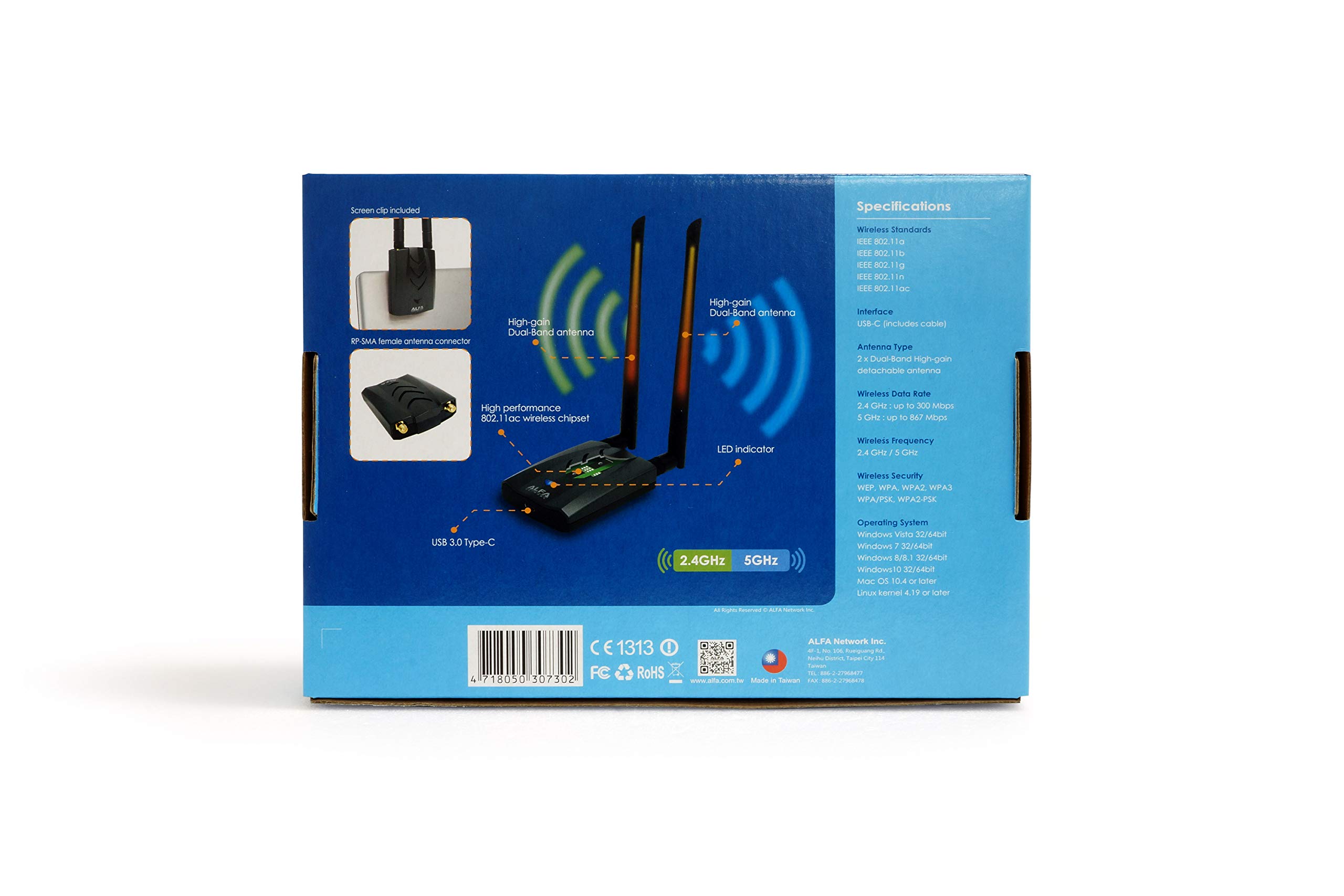 【New Version Type-C WiFi USB】 ALFA AWUS036ACH Long-Range Dual-Band AC1200 Wireless Wi-Fi Adapter w/2x 5dBi External Antennas – 2.4GHz 300Mbps/5GHz 867Mbps – 802.11ac & A, B, G, N