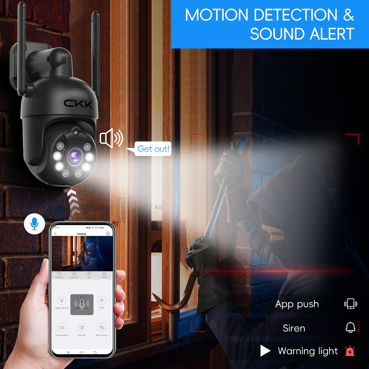 [10CH, Upgrading 5MP] CKK Wireless Security Camera System with 1TB HDD, 4pcs PTZ Cameras Outdoor Indoor, 3K WiFi Surveillance NVR System with Floodlights & Siren Alarm, 2 Way Audio, Waterproof