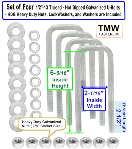 (4) HDG Hot Dipped Galvanized Square U-Bolt Boat Trailer U Bolt Ubolt 1/2" D x 2 1/16" W x 6 5/16" L