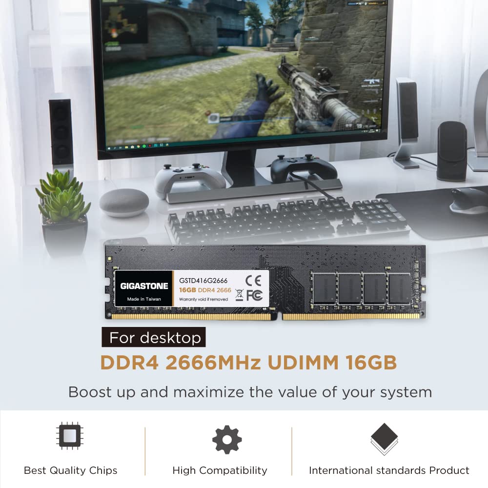 【DDR4 RAM】 GIGASTONE 32GB Kit (2x16GB) DDR4 2666MHz (2400MHz or 2133MHz) PC4-21300 (PC4-19200/17000) CL19 1.2V UDIMM 288 Pin Unbuffered Non ECC High Performance PC Desktop Memory Upgrade