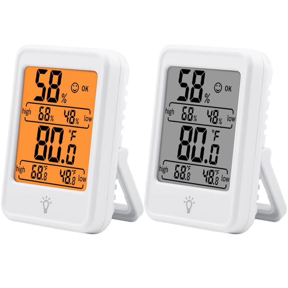 [2 Pack] TIQUS Hygrometer Humidity Gauge Indicator Digital Indoor Thermometer Room Temperature and Humidity Monitor with Touch Backlight White