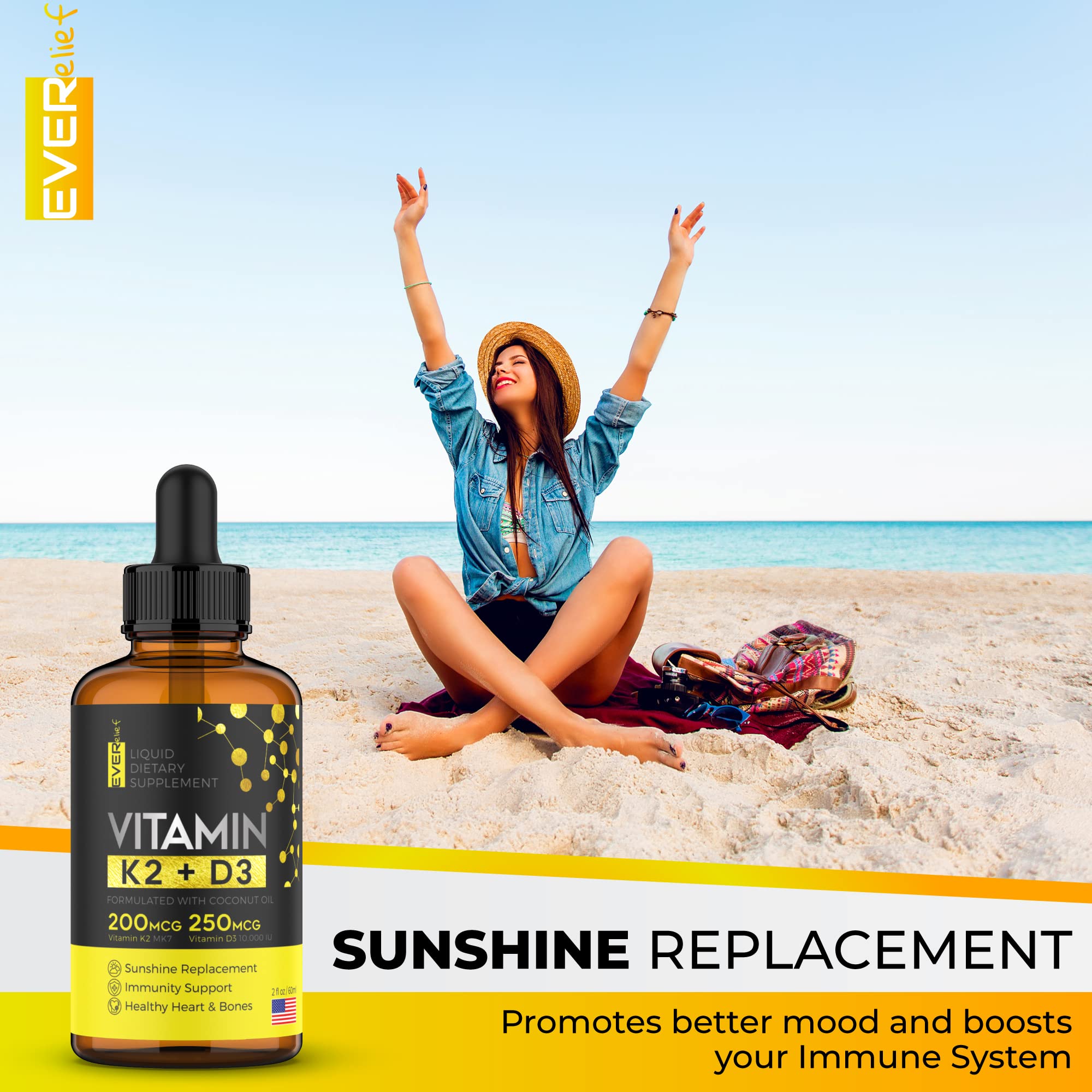 (2 Pack) Liquid Vitamin D3 with K2 - Vitamin D3 Drops 10000 IU + Sublingual vitamin k2 liquid with Coconut Oil | Supports Your Bones & Heart and Boost Your Immune System | Organic Vitamin D K2 Liquid