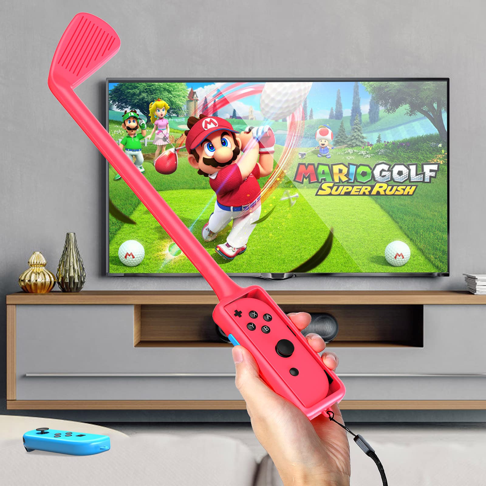 (2 Pack) GTAplam Golf Club Compatible with Nintendo Switch, Joy Con Controller Grip for Mario Golf, Golf Games Hand Grip Accessories for Super Rush - Red & Blue