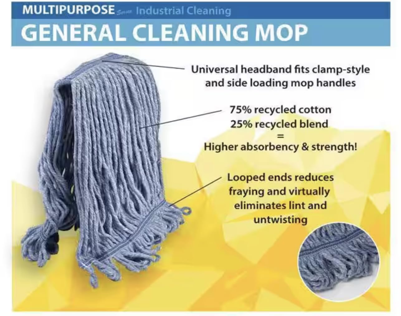 (2-Pack) Heavy Duty Commercial Blue, Mop Head Replacement, Wet Industrial Cotton Looped End String Cleaning Flat Mop Head Refill