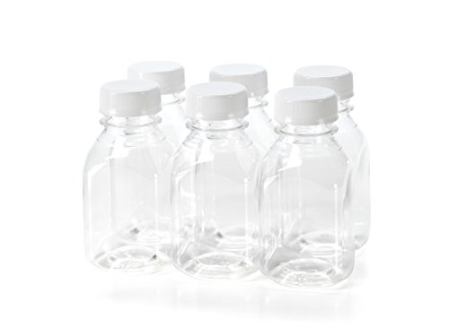 (6) 8 oz. Clear Food Grade Plastic Juice Bottles with Tamper Evident Caps 6/pack (8 oz., White Lids)