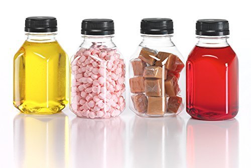 (6) 8 oz. Clear Food Grade Square Plastic Juice Bottles with Black Tamper Evident Caps 6/pack