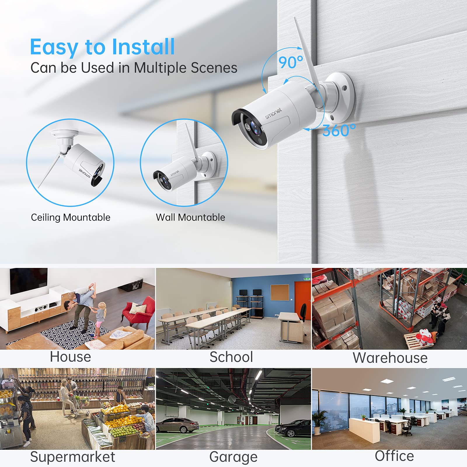 [3MP HD,Audio] SMONET WiFi Security Camera System,2TB Hard Drive,8CH Home Surveillance NVR Kit,4 Packs Outdoor Indoor IP Cameras Set,IP66 Waterproof,Free Phone APP,Night Vision,24/7 Video Recording