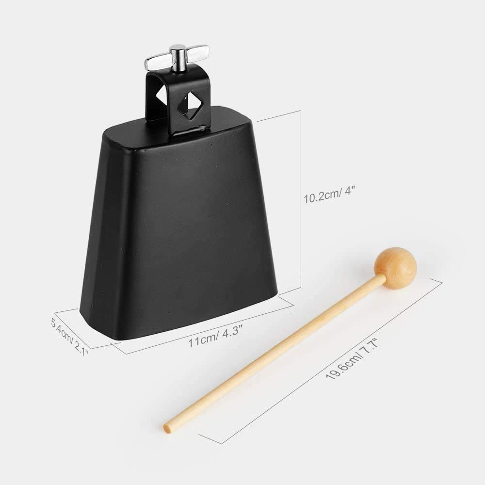 (Black) 4 Inch Metal Steel Cow Bell Noise Maker, percussion instrument with handle stick, for drum set kit percussion