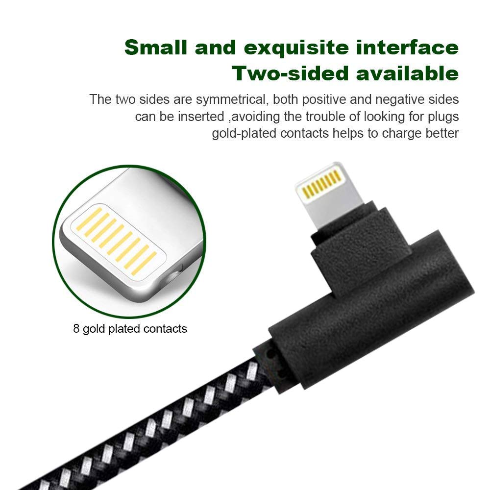 [3 Pack] Right Angle Charging Cable Nylon Braided 90 Degree Elbow for Game Video Watch Compatible with iPhone Xs Max/XS/XR/7/7Plus/X/8/8Plus/6S/6S Plus/SE (3ft, Black White)