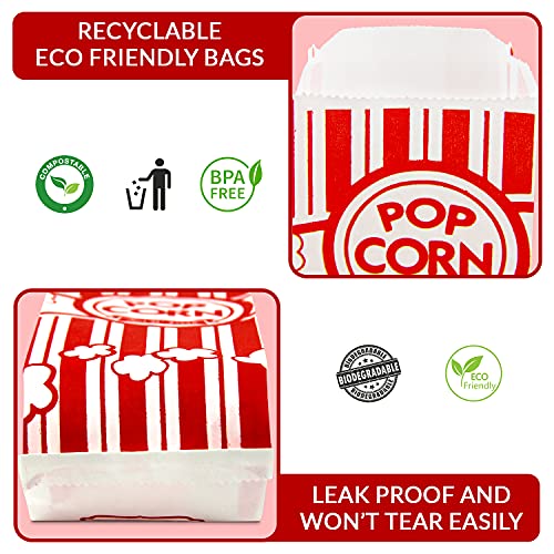 [300 Pack] Popcorn Bags 1 oz - Small Disposable Paper Popcorn Container, Red and Kraft Striped Leak Proof Flat Bottom for Movie Night Snacks, Concessions, Birthday Party, Circus Carnival Decorations