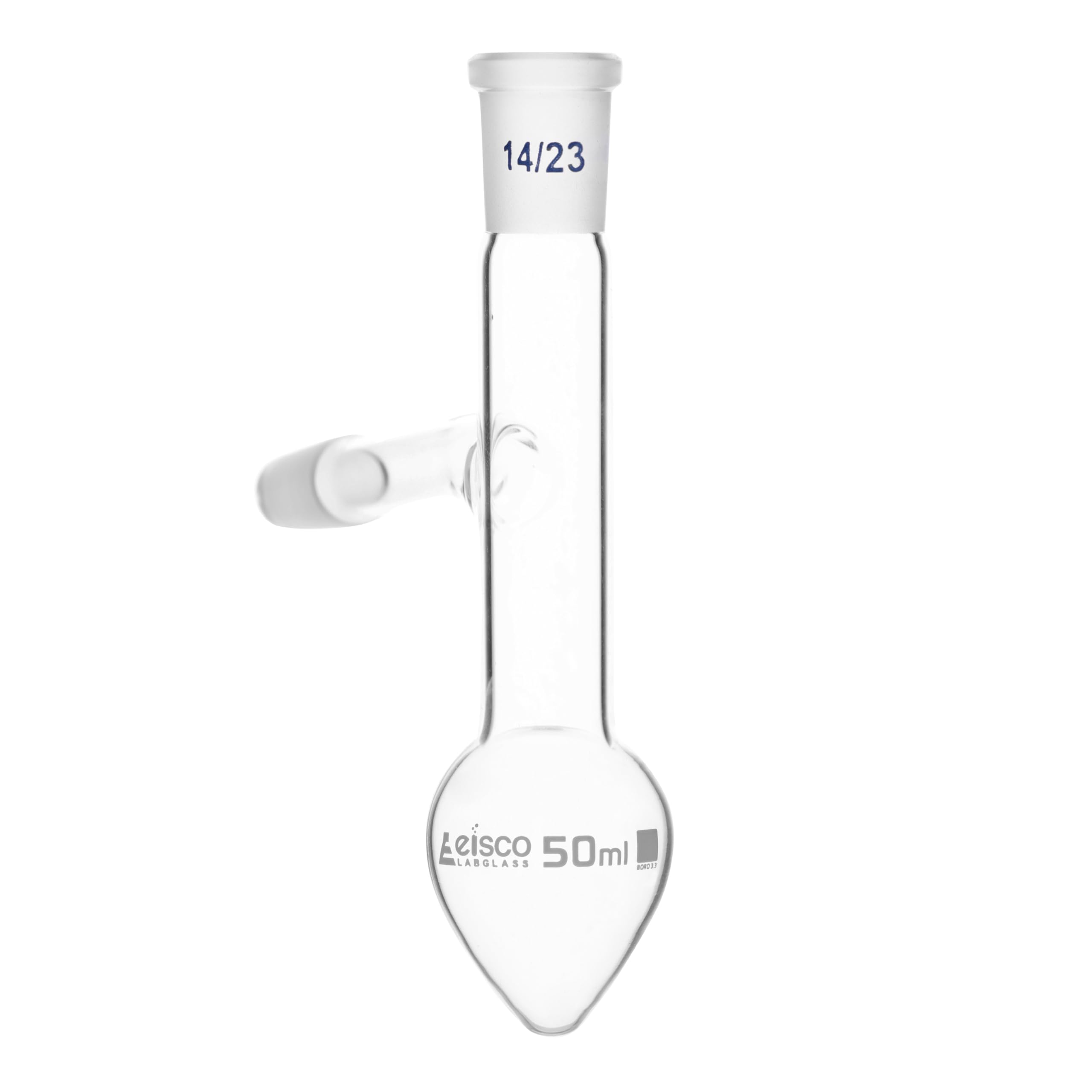 EISCO Distilling Flask, 50ml - 14/23 Joint & Side Socket Borosilicate Glass, Pear Shape Short Neck- Eisco Labs