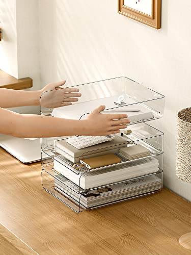 (4pcs Pack) HKeeper Stackable Paper Trays,Letter Tray Organizer,Office Desktop Organizer,A4 Paper Holder,Supplies Magazine,File Documents,Receipts（White）