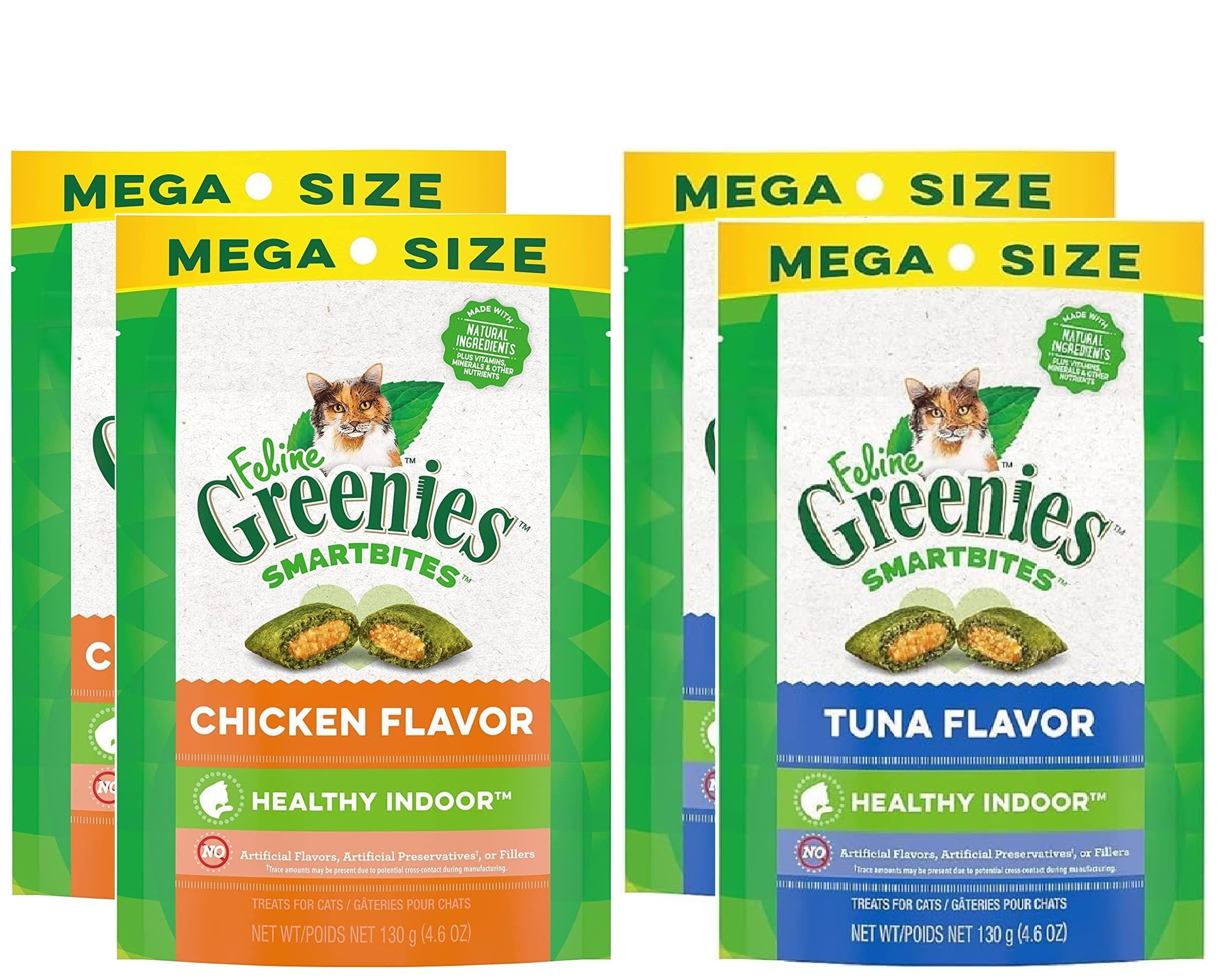 (4 Pack) Greenies Feline SMARTBITES Healthy Indoor Control (previously Called Hairball Control) Chicken and Tuna, (4.6oz, 2 Each)