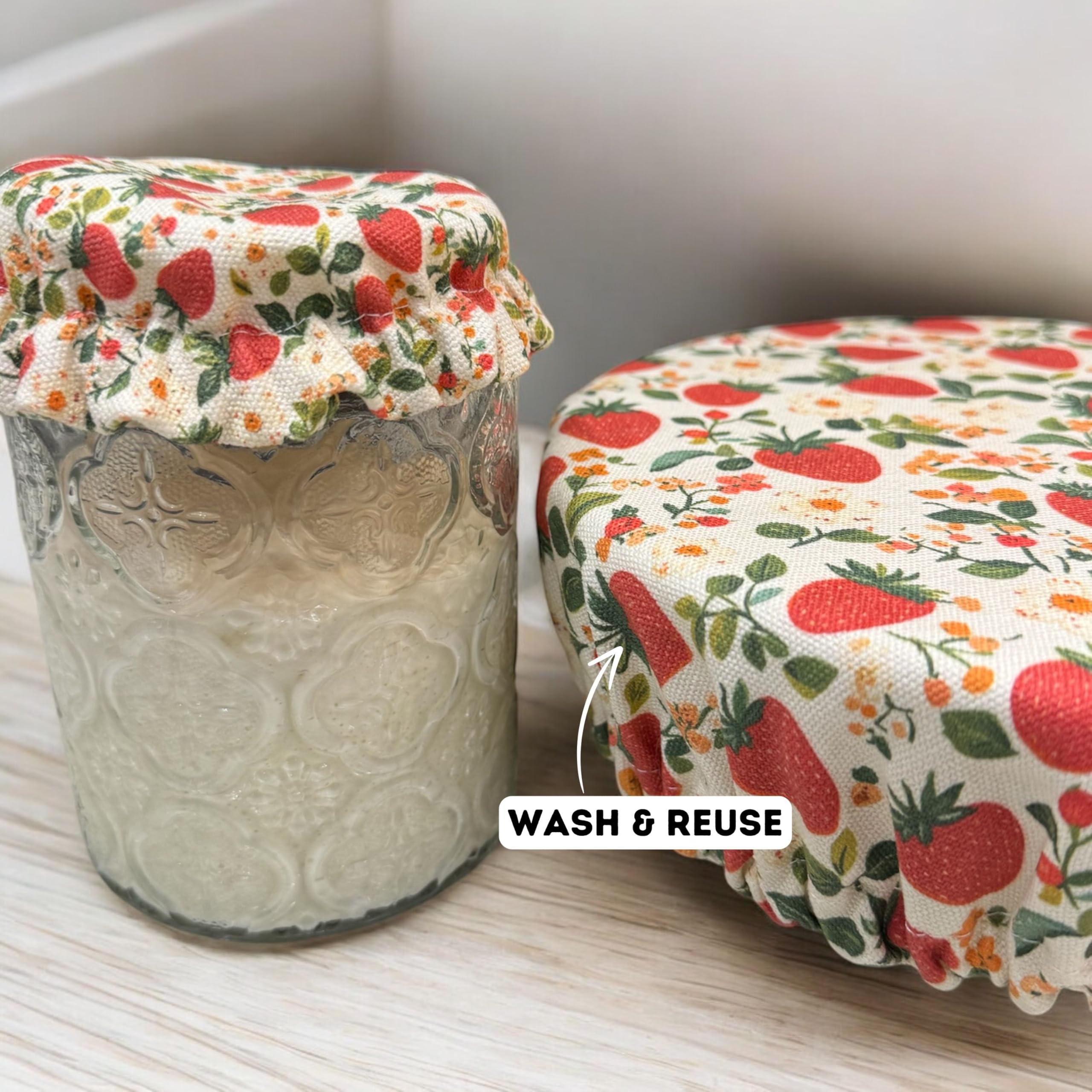 (4-Pack) Sourdough Reuseable Jar & Bowl Covers | Cute Baking Gift | 100% Cotton (3.7in, 7in, 9.25in, 11in) | Washable | Bread Making and Proofing | Kitchen Food Storage Gifting | Starter Cover Lid Kit