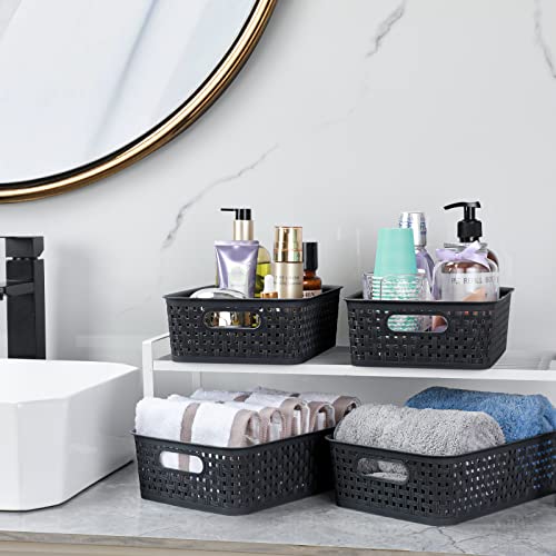 [ 12 Pack ] Plastic Storage Baskets - Small Pantry Organization and Storage Bins - Household Organizers for Laundry Room, Bathrooms, Kitchens, Cabinets, Countertop, Under Sink or On Shelves - Black