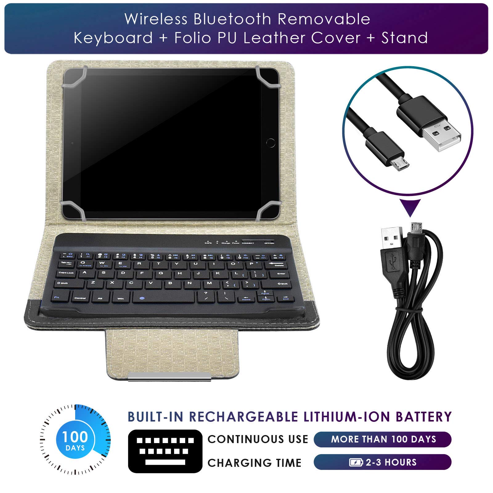 DETUOSI Universal 7.0 inch Android Tablet Case with Keyboard, Removable Wireless Bluetooth Keyboard + PU Leather Folio Book Cover + Stand, Travel Portable Sleeve for iOS/Android/Windows System Tablet