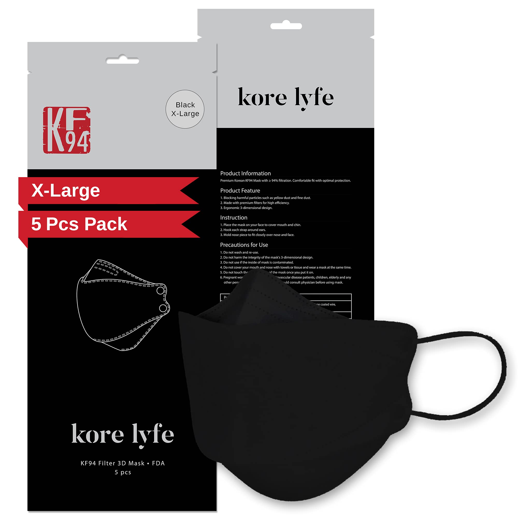 [10 PCS] 25% LARGER KF94 Face Mask - X-LARGE BLACK - [Made in Korea] - In 5 PCS Reclosable Package - Breathable Premium Quality - [Package in English]