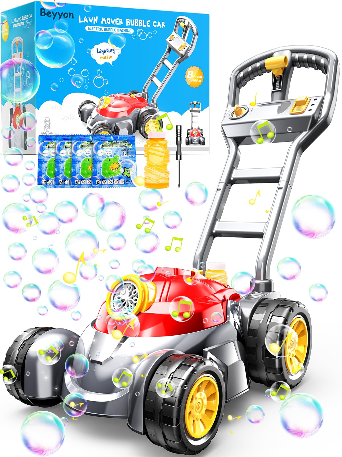 (Upgraded) Bubble Lawn Mower, BEYYON Red Lawn Mower Bubble Machine for Kids, Bubble Machine for Toddlers 1-6 Outdoor, Gardening Push Lawn Mower Toys Birthday Gifts for Preschool Kids Boys, Girls