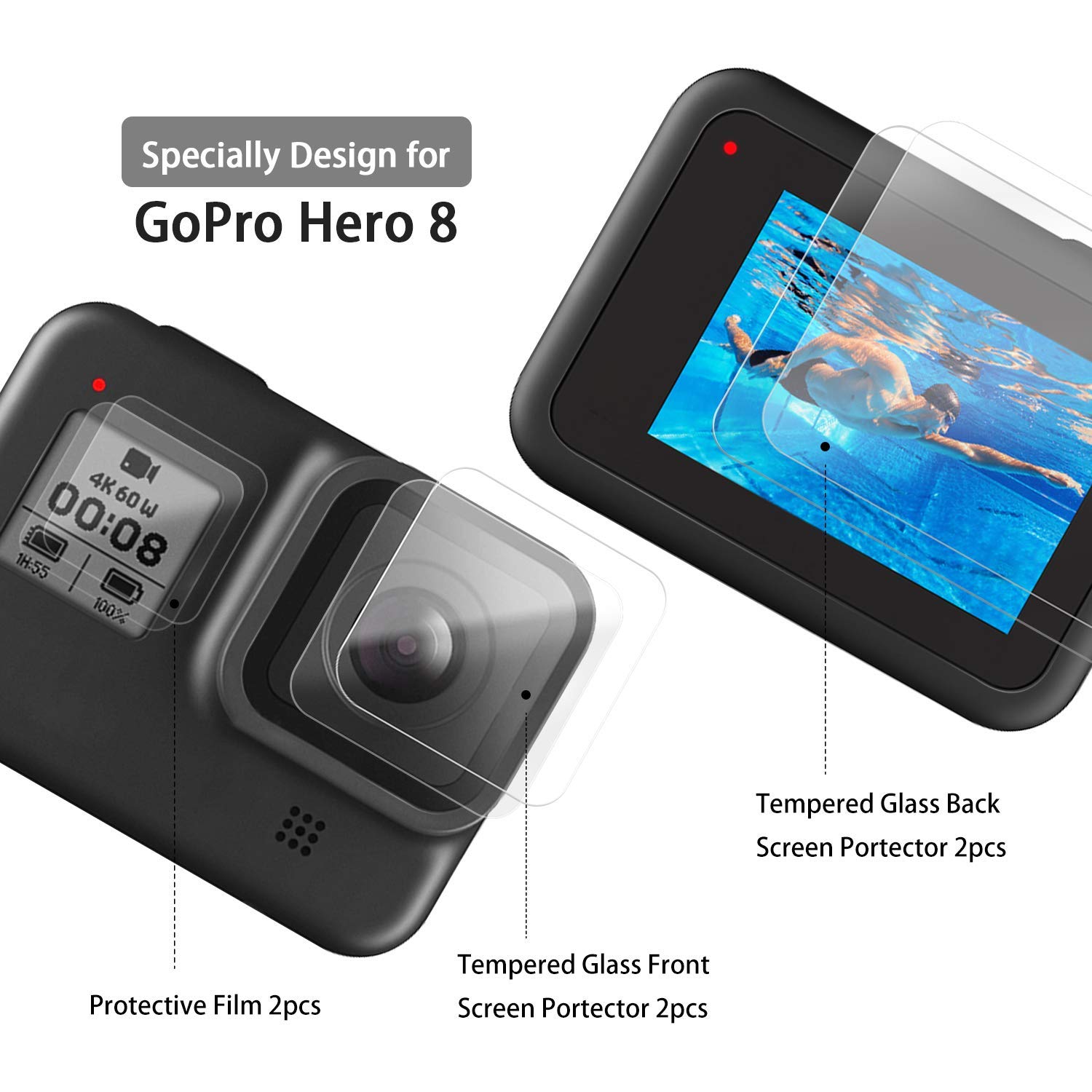 [6pcs] FINEST+ Screen Protector for GoPro Hero 8 Black Tempered Glass Screen Protector + Tempered Glass Lens Protector +Small Display Film for Go Pro Hero8 Action Camera