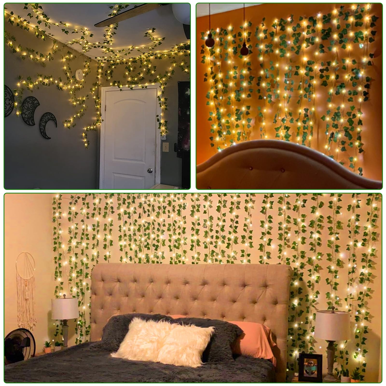 [ Timer ] Fake Ivy Vines 12 Pack 84Ft with 100 LED Vines with Lights Large & Small Thick Leaves String Lights Hanging Ivy Vines Lights for Bedroom Gardens Wedding Wall Room Decor