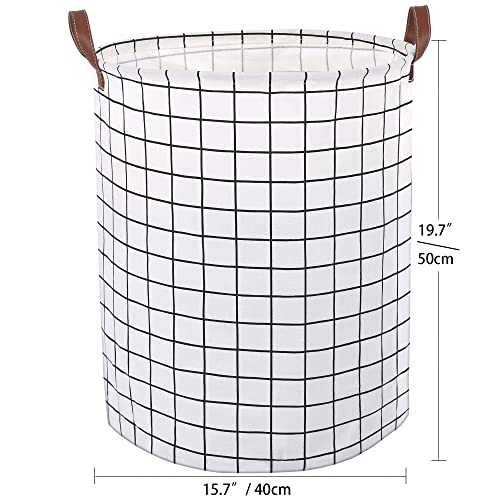 [2 Pack] Collapsible Laundry Basket, Large Round Waterproof Laundry Hamper, Foldable Storage Organizer with Leather Handles for Dirty Clothes (White Plaid)