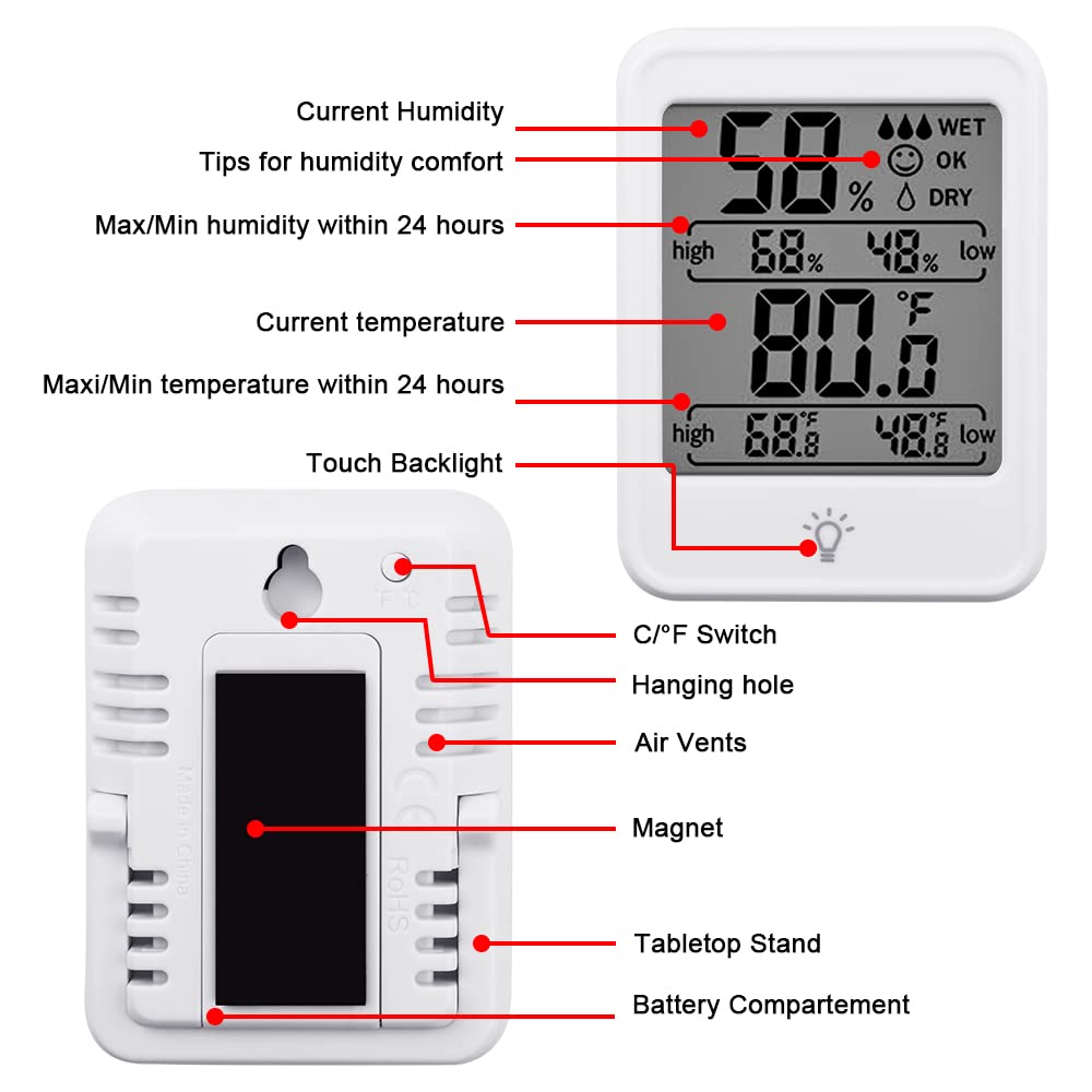 [2 Pack] TIQUS Hygrometer Humidity Gauge Indicator Digital Indoor Thermometer Room Temperature and Humidity Monitor with Touch Backlight White