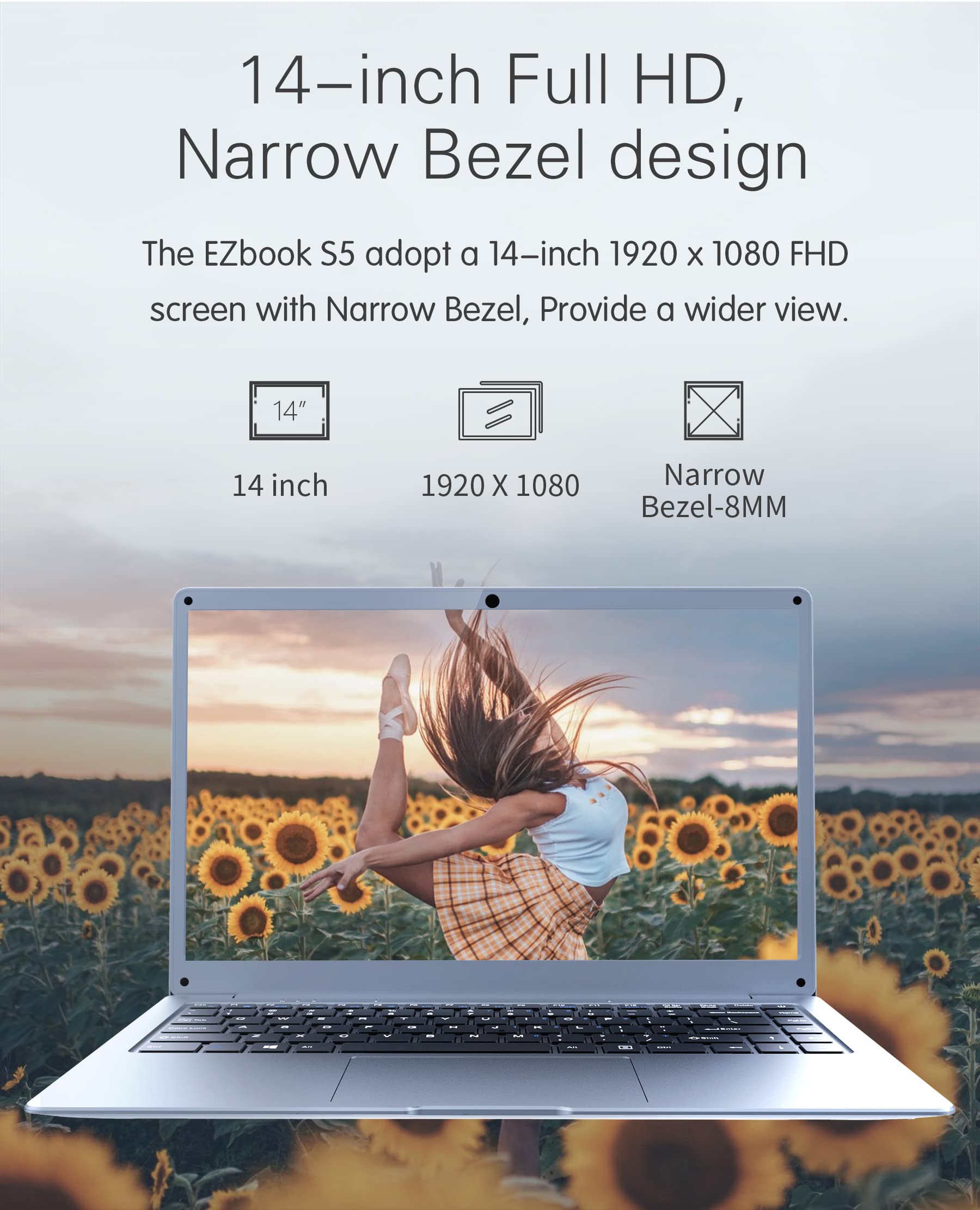 【MS 2019 Office/12GB 】 Jumper Laptop 14 Inch FHD Screen Notebook Celeron N4020(Quad core) Ultrabook 8GB RAM/256GB Dual Band WiFi Computer Lightweight and Portable (8G+256GB)