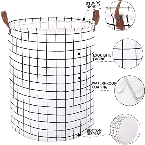 [2 Pack] Collapsible Laundry Basket, Large Round Waterproof Laundry Hamper, Foldable Storage Organizer with Leather Handles for Dirty Clothes (White Plaid)