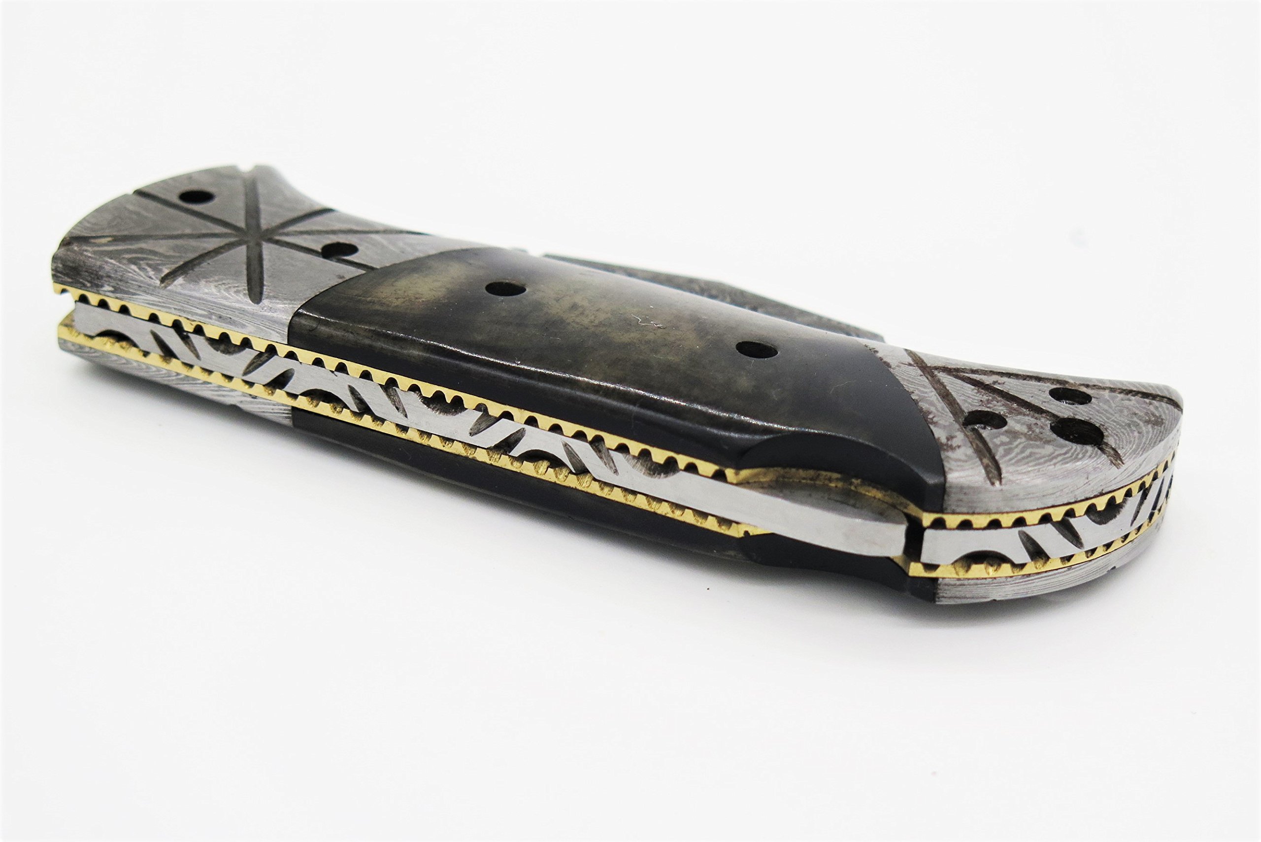 (3 7/18) Sale DKC-727 Midnight Cowboy Damascus Steel Black Bone Folding Pocket Hunting Knife 4.5' Folded 8" Open 3.25" Blade