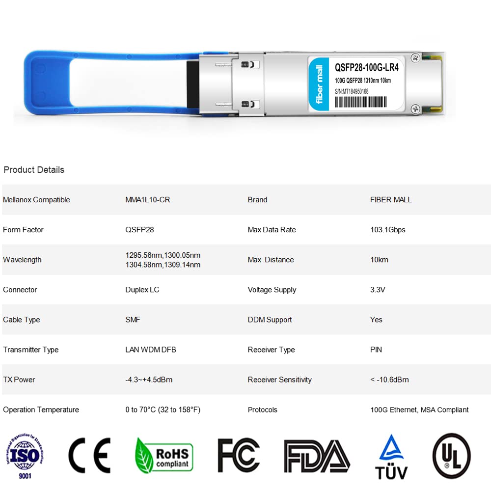 100G QSFP28 LR4 for Mellanox MMA1L10-CR, 100GBASE-LR4 QSFP28 Optical Transceiver Module,1310nm 10km LAN WDM LC SMF DOM