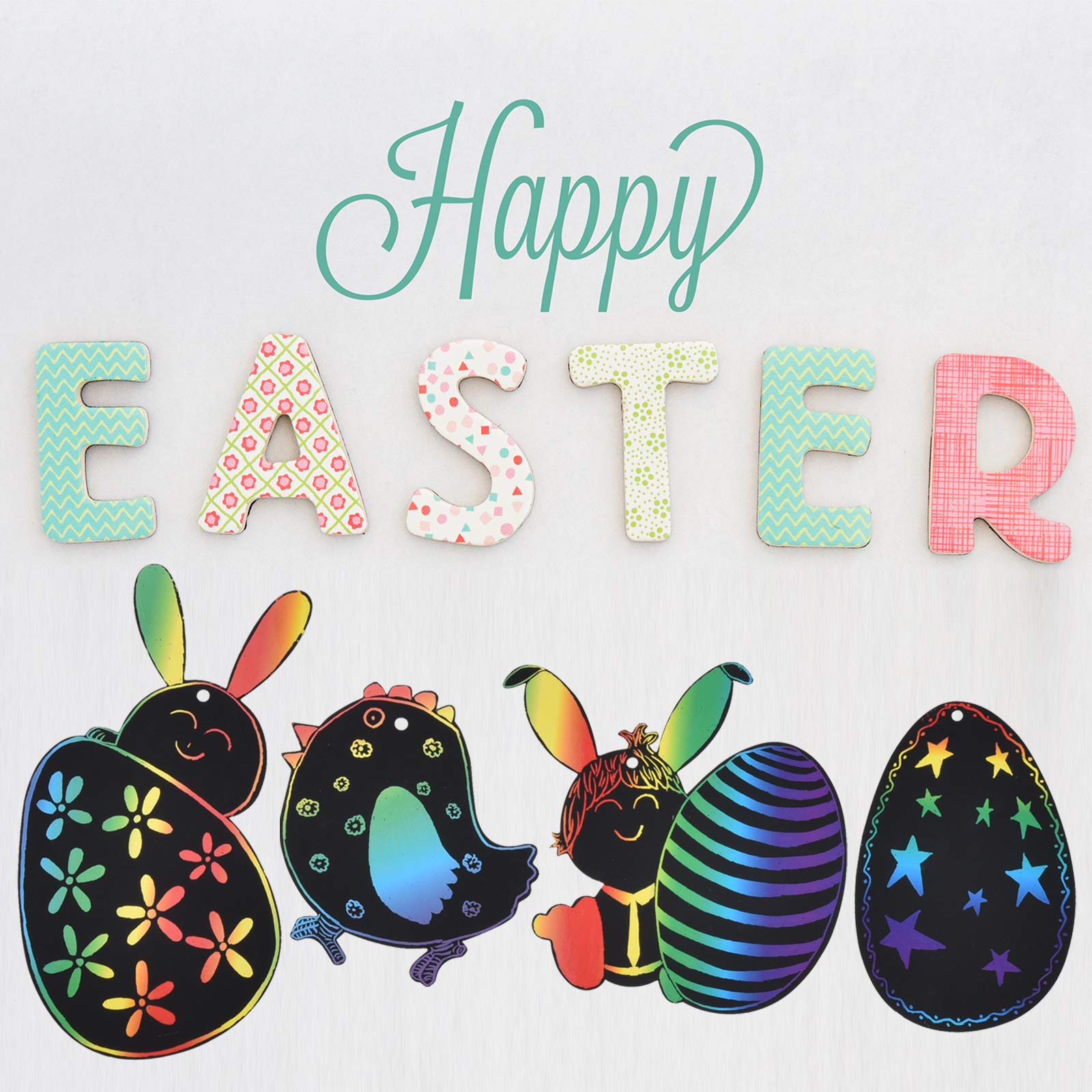 [48+48+12], Linkbro Easter Scratch Crafts Art Kit, Colorful Rainbow Scratch Paper Card, Easter Egg Bunny Chick Shape with Ribbons Wooden Scratch Tools abd Envelopes for Easter Party Egg Hunt Game