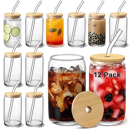 [ 12pcs Set ] Glass Cups with Bamboo Lids and Glass Straw - Beer Can Shaped Drinking Glasses, 16 oz Iced Coffee Glasses, Cute Tumbler Cup for Smoothie, Boba Tea, Whiskey, Water - 4 Cleaning Brushes