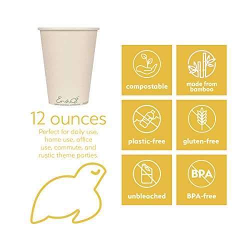 100% Compostable Disposable Coffee Cups [12oz 80 Pack] Paper Cups Made from Bamboo, Eco-Friendly, Biodegradable Premium Party Cups, Natural Unbleached by Earth's Natural Alternative