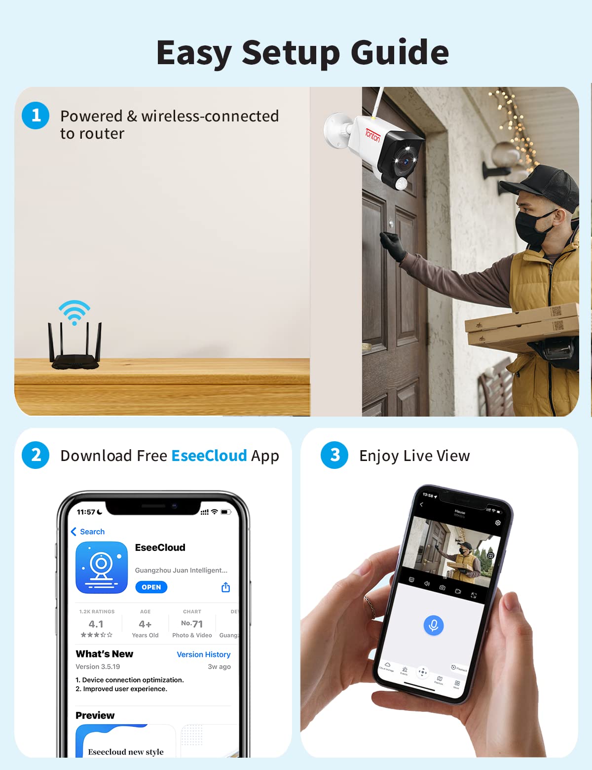 [Add -on 3MP Camera] Tonton 3MP Ultra HD Wireless IP Network Camera Outdoor Indoor Security Camera with PIR Sensor, 2 Way Audio, Floodlight, Suitable for All of Tonton NVR and All in one Kits