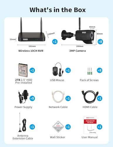 [Dual WiFi, PIR Sensor] Tonton 4K Wireless Security Camera System with 2TB Hard Drive,10CH NVR,8PCS 3MP Outdoor WiFi Cameras,12V DC Powered,2 Way Audio,Spotlight,AI Human Detection,Work with Alexa