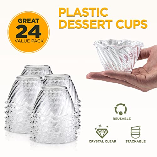 [24 Pack] Plastic Dessert Cups 5 oz - Clear Mini Ice Cream Sundae Tasting Bowls, Individual Swirl Tulip Shape Dish Holder, Salad Appetizer Chocolate Candy Serving in Party Buffet, Commercial Home Use