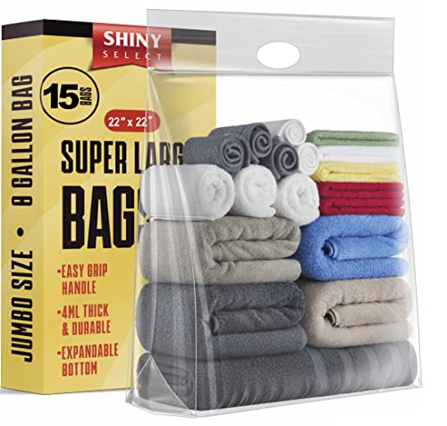 [ 15 count ] Jumbo Bags - DOUBLE ZIPPER - Storage Bag with Carry Handles - Extra Large 22x22" - 8 Gallon Clear Heavy Duty 4 Mil Plastic with Zipper Top for Clothing (22" x 22")