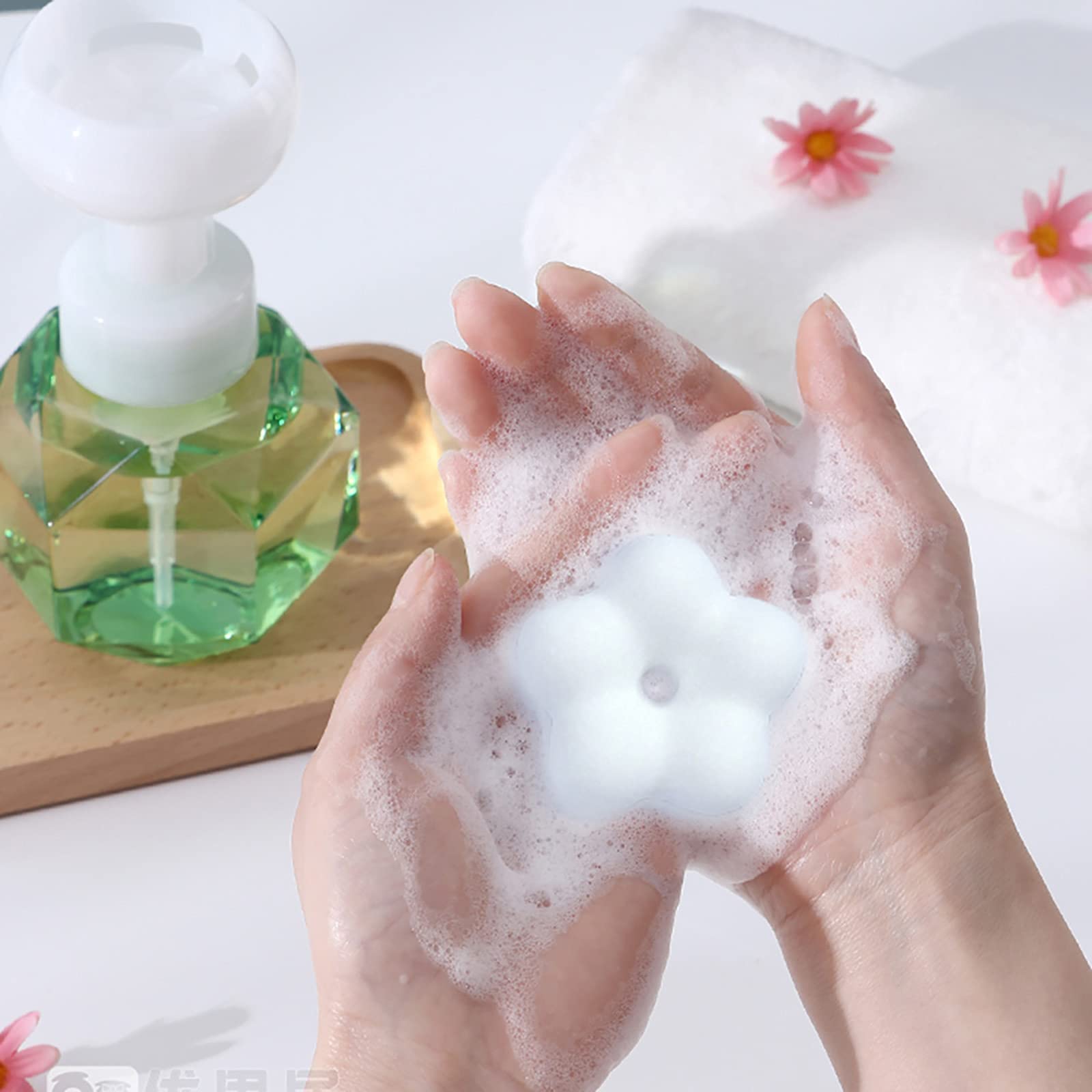 RONRONS 2 Pieces 300ml Flower Shape Foam Bottle Dispenser Empty Foaming Hand Soap Pump Bottles Plastic Refillable Cosmetic Containers Facial Cleanser Shampoo Shower Tube Packaging Holder, 10.14oz