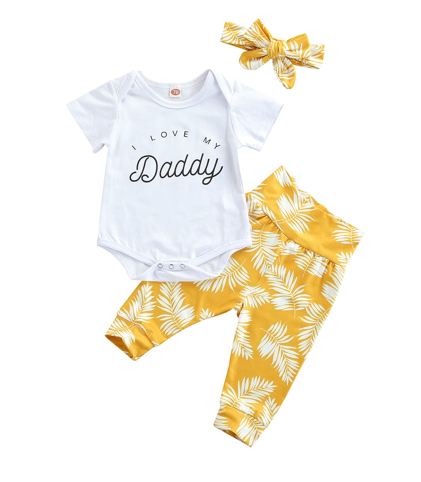 0-18M Newborn Baby Girls Clothing Set Short Sleeve Cotton Letter Romper Bodysuit + Floral Pants + Headband (I Love Daddy , 0-3 Months )