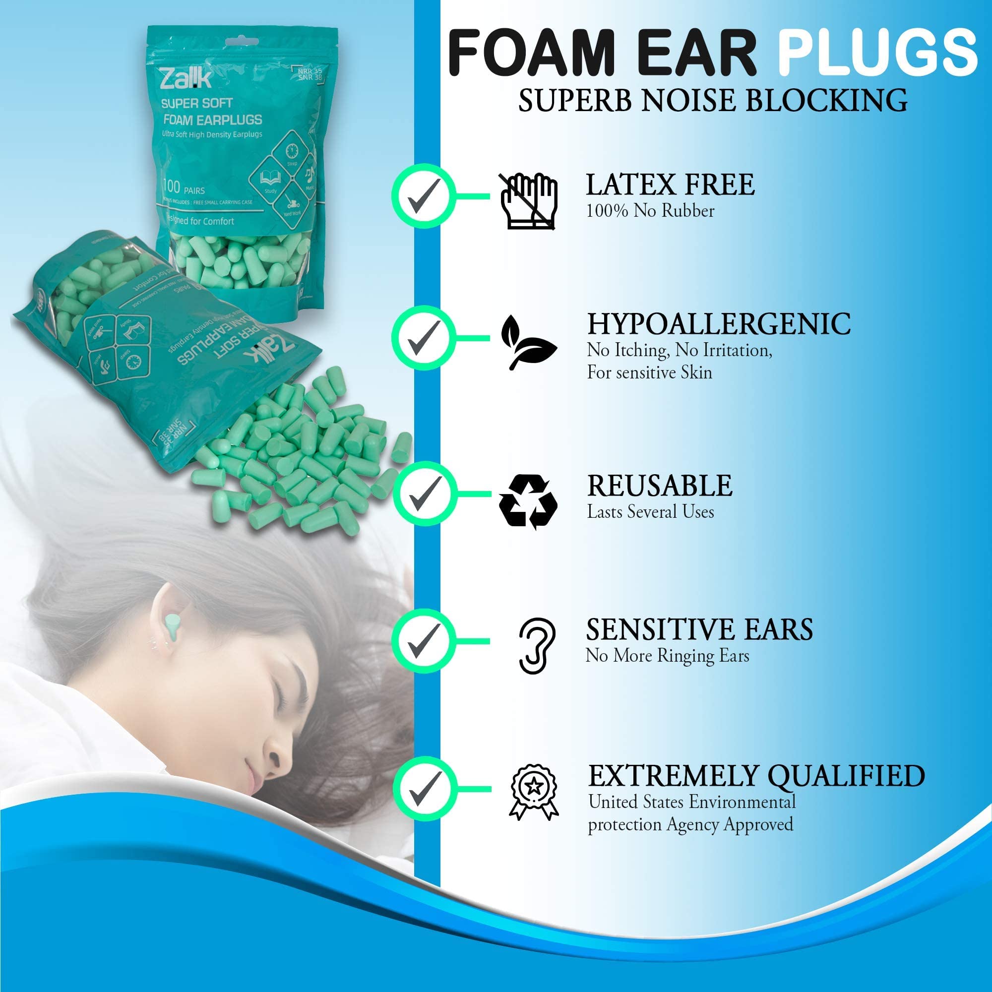 (50 Pair) Ear Plugs for Sleeping, Reusable Soft Foam Earplugs Noise Cancelling Sound Blocking Reduction Earplugs for Sleeping, Snoring, Concerts, Airplanes, Travel, Work, Loud Noise, 35dB Highest NRR