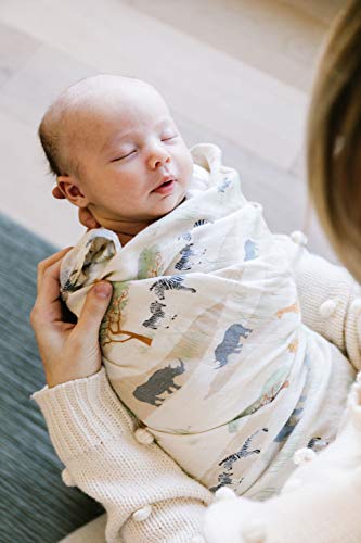 SARANONI Swaddle Blanket with Giraffe, Elephant, Zebra & Rhino Designed Muslin Swaddle Blankets (The Savannah)