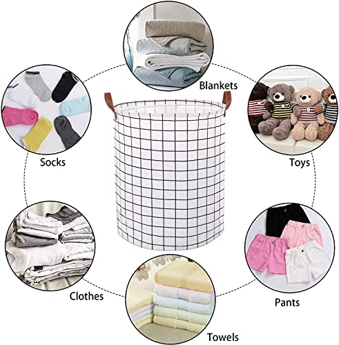 [2 Pack] Collapsible Laundry Basket, Large Round Waterproof Laundry Hamper, Foldable Storage Organizer with Leather Handles for Dirty Clothes (White Plaid)